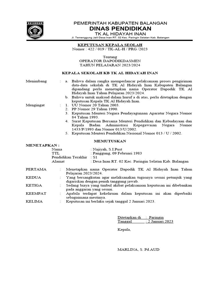 Contoh SK Operator | PDF