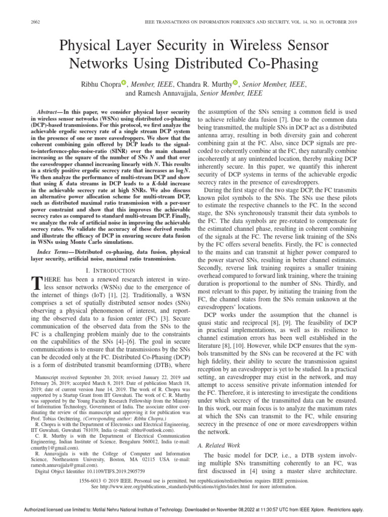 Physical Layer Security in Wireless Sensor Networks Using Distributed Co-Phasing | PDF ...