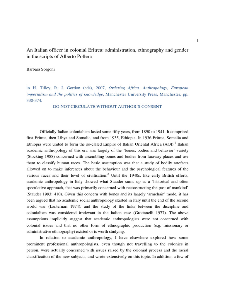 Italian Anthropology in Colonial Eritrea | PDF | Anthropology | Ethnography
