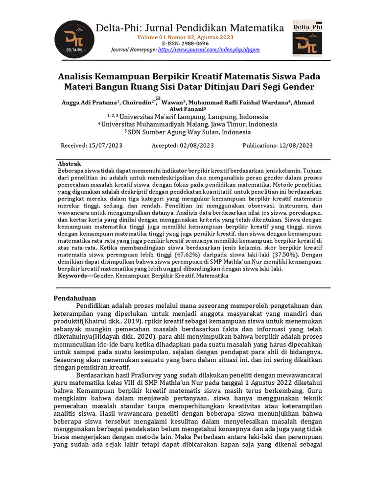 Analisis Kemampuan Berfikir Kreatif Matematis Siswa Ditinjau Dari Segi Gender | PDF