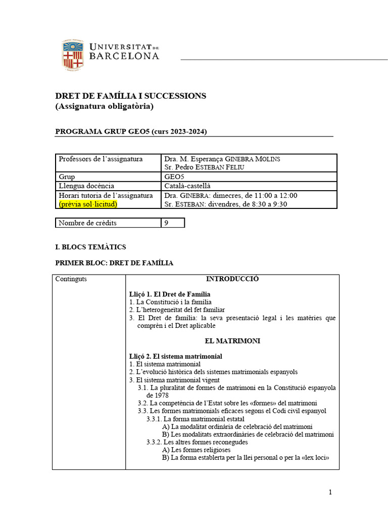 Programa DRET DE FAMÍLIA I SUCCESSIONS (2023-2024, 2n Q) - MEGM-PEF | PDF