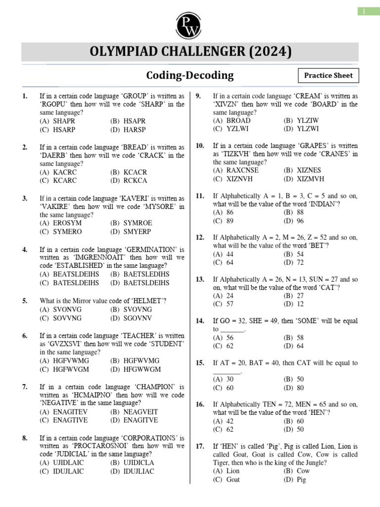 Coding - Decoding - Practice Sheet - (Olympiads Challengers) | PDF ...