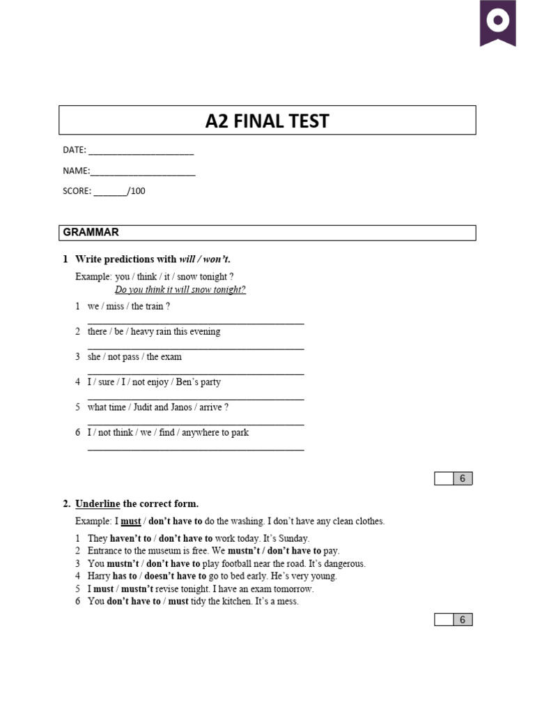 A2 Final Test | PDF