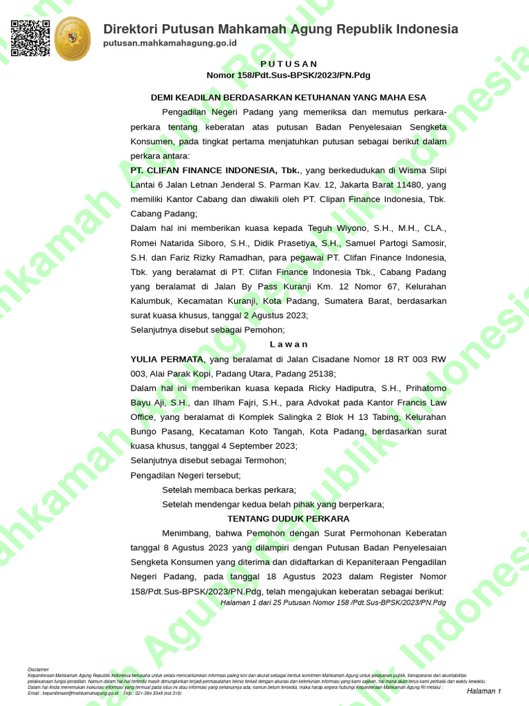 Putusan 158 PDT - Sus-Bpsk 2023 PN PDG 20231031175859 | PDF