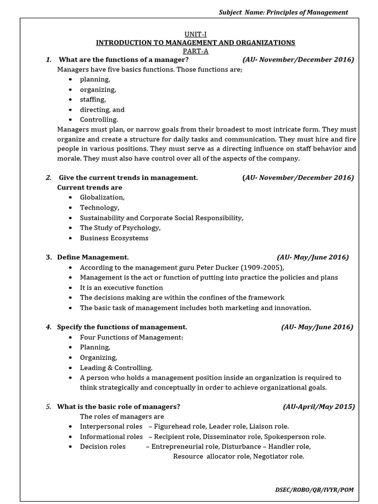 POM 2 Marks | Download Free PDF | Leadership | Communication