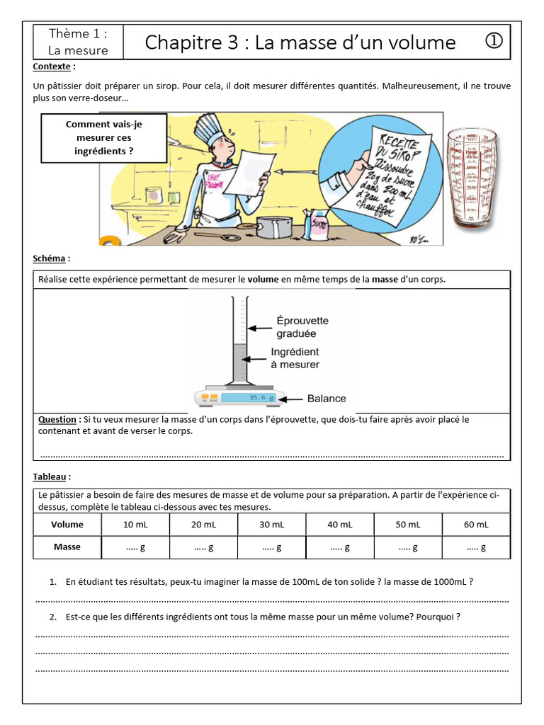 Masse et volume : exercices 6ème | PDF | Sciences physiques | La nature