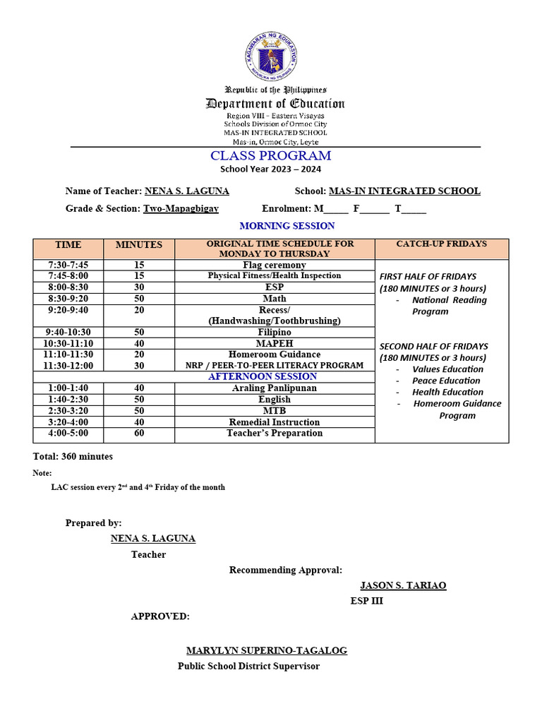 2023-2024 Grade 2 Class Program | PDF | Teachers