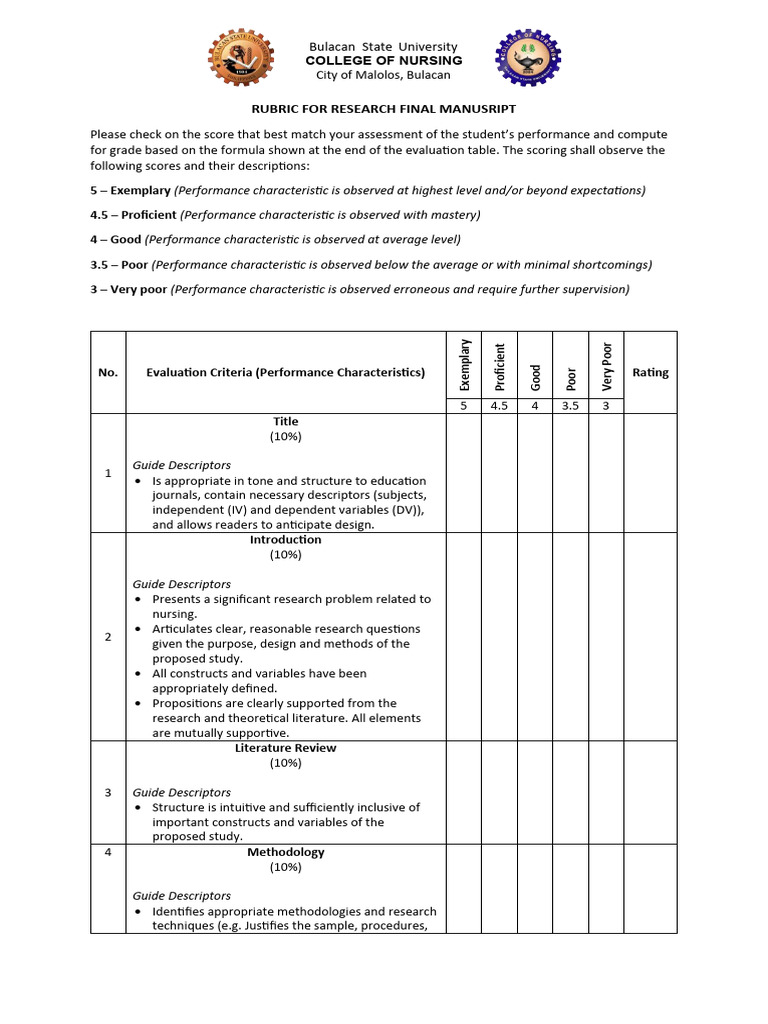 Research Final Manusript Rubric | PDF | Rubric (Academic) | Methodology