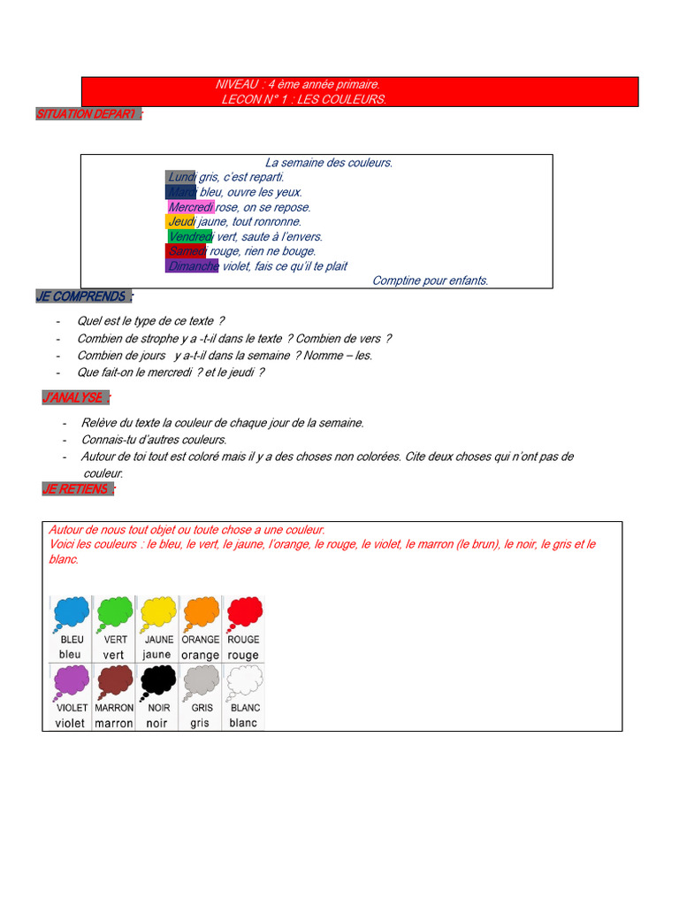 Fiche de Vocabulaire - Les Couleurs | PDF | Bleu | Rouge