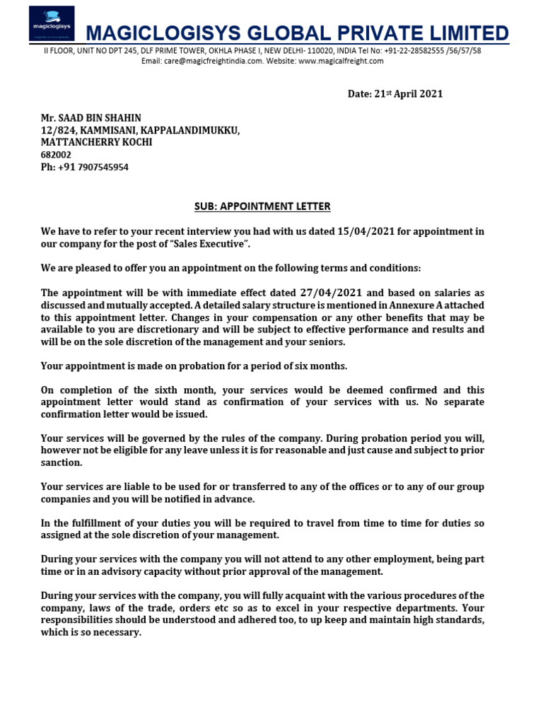 Sales Executive Appointment Letter | PDF | Employment | Justice