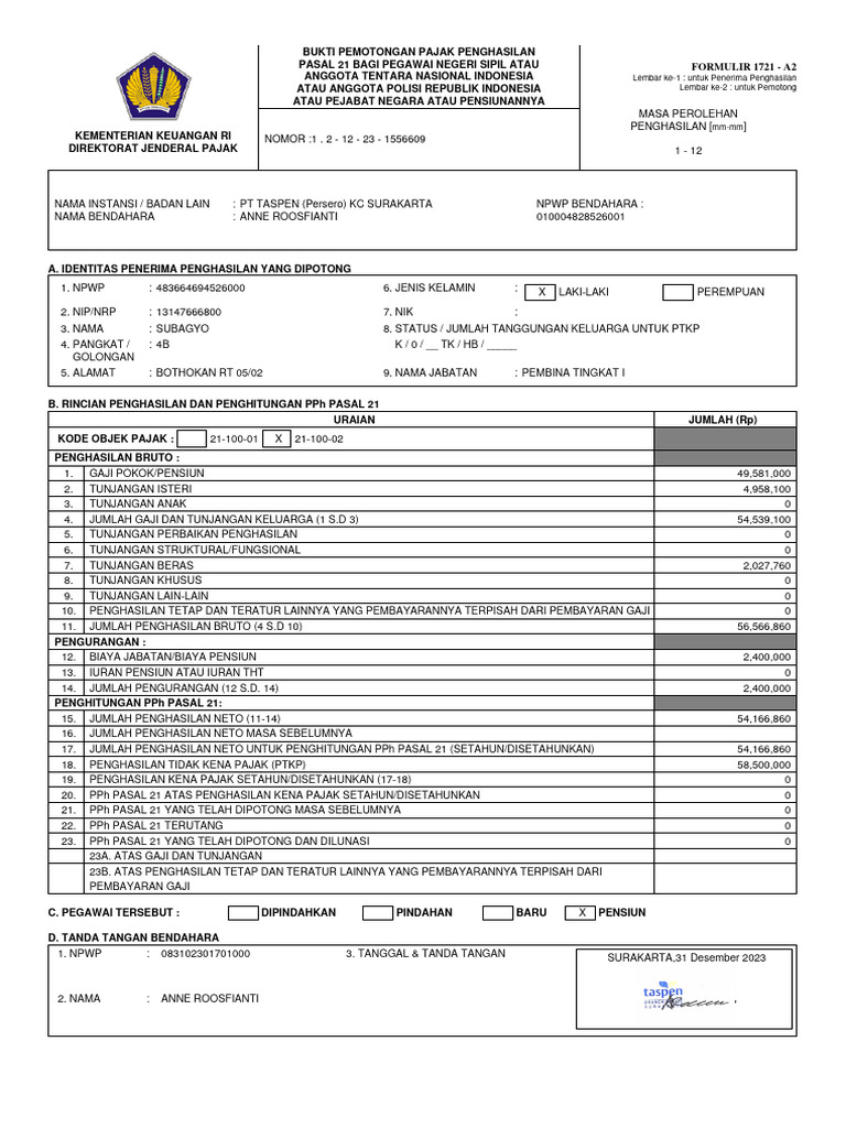 FORMULIR 1721 - A2: Lembar Ke-1: Untuk Penerima Penghasilan Lembar Ke-2 ...