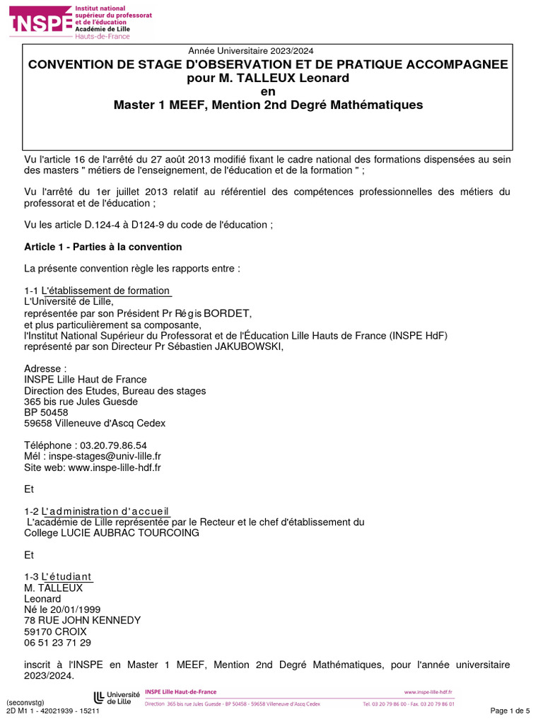 Convention de stage M1 MEEF Mathématiques | PDF | Enseignants | Pédagogie