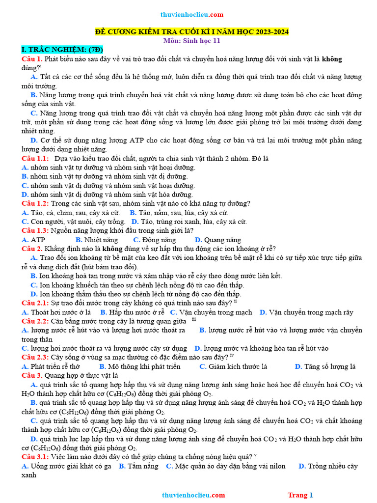 De Cuong Kiem Tra HK1 Sinh 11 Nam 23 24 | PDF