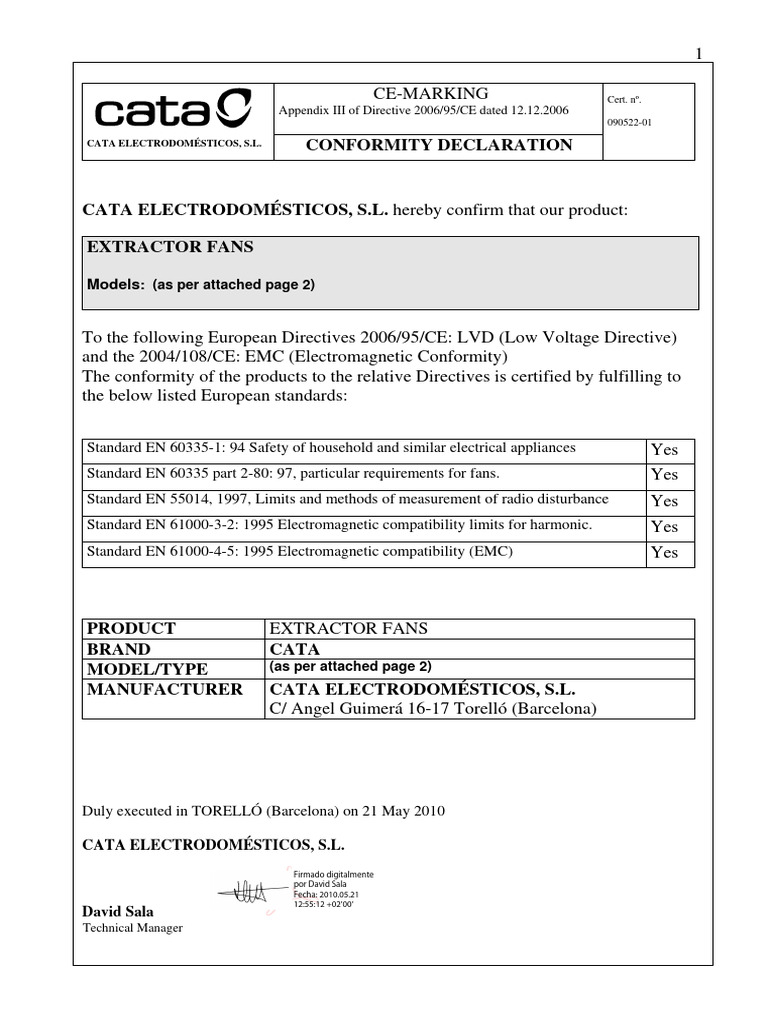 CATA Extractor Fans CE Compliance | PDF | Electromagnetic Compatibility ...
