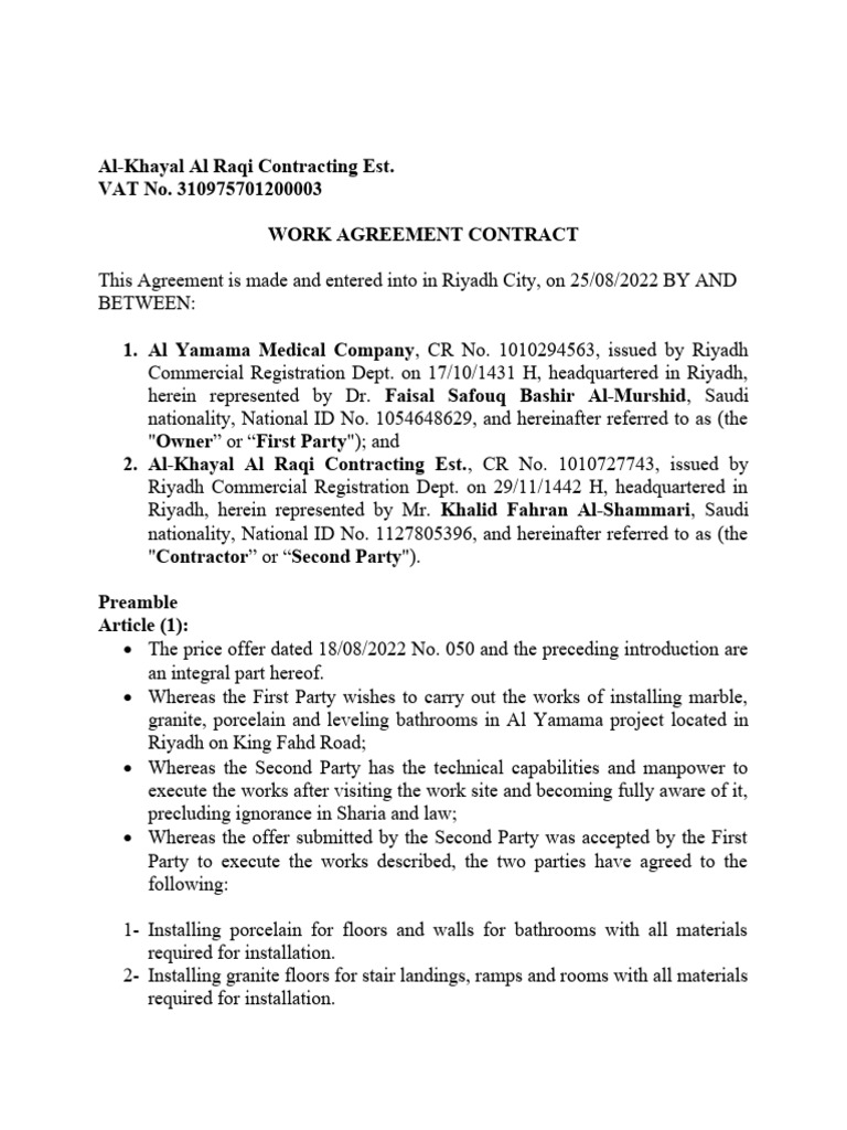 Riyadh Marble & Granite Contract Agreement | PDF | Riyadh | Tile