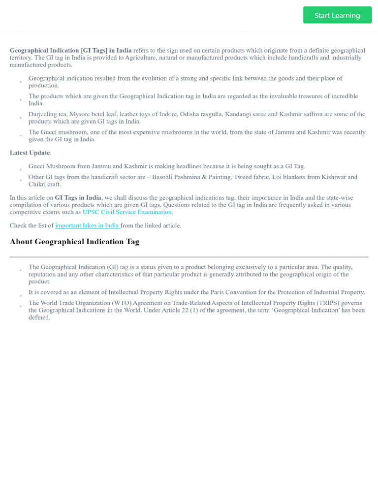 Geographical Indication (GI Tags in India) - Statewise List Info! | PDF
