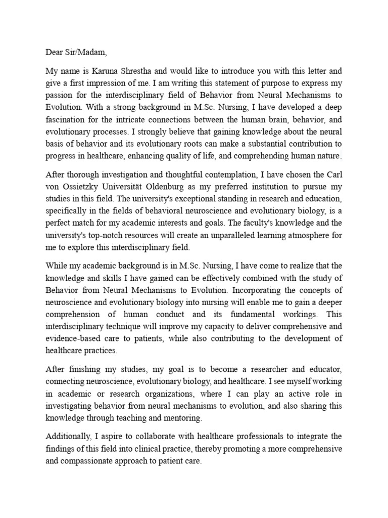 Karuna's Neuroscience Motivational Letter | PDF | Nursing | Neuroscience