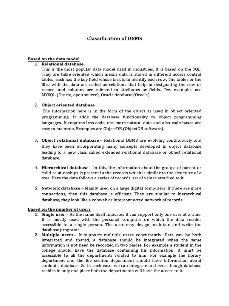 Classification of DBMS | PDF | Databases | Relational Model