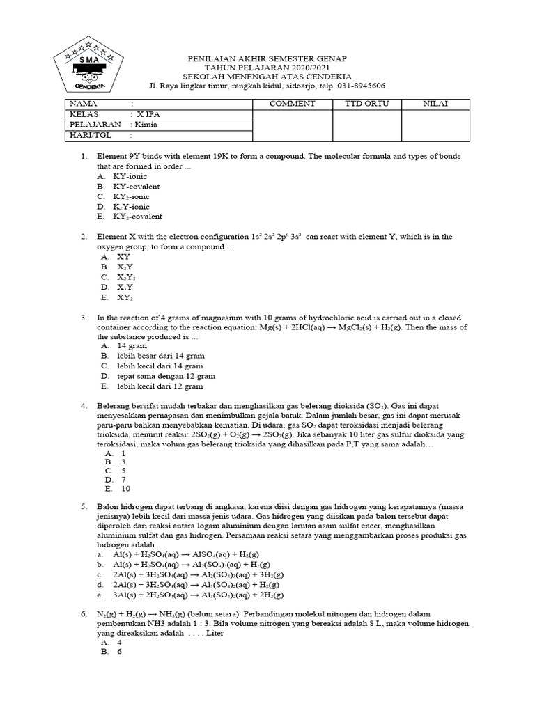 Soal Pas Genap Kimia X | PDF