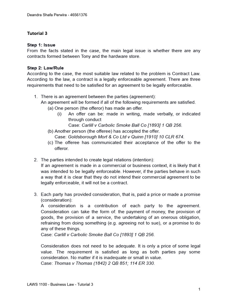 Perwira Deandra Tutorial 3 | PDF | Offer And Acceptance | Consideration