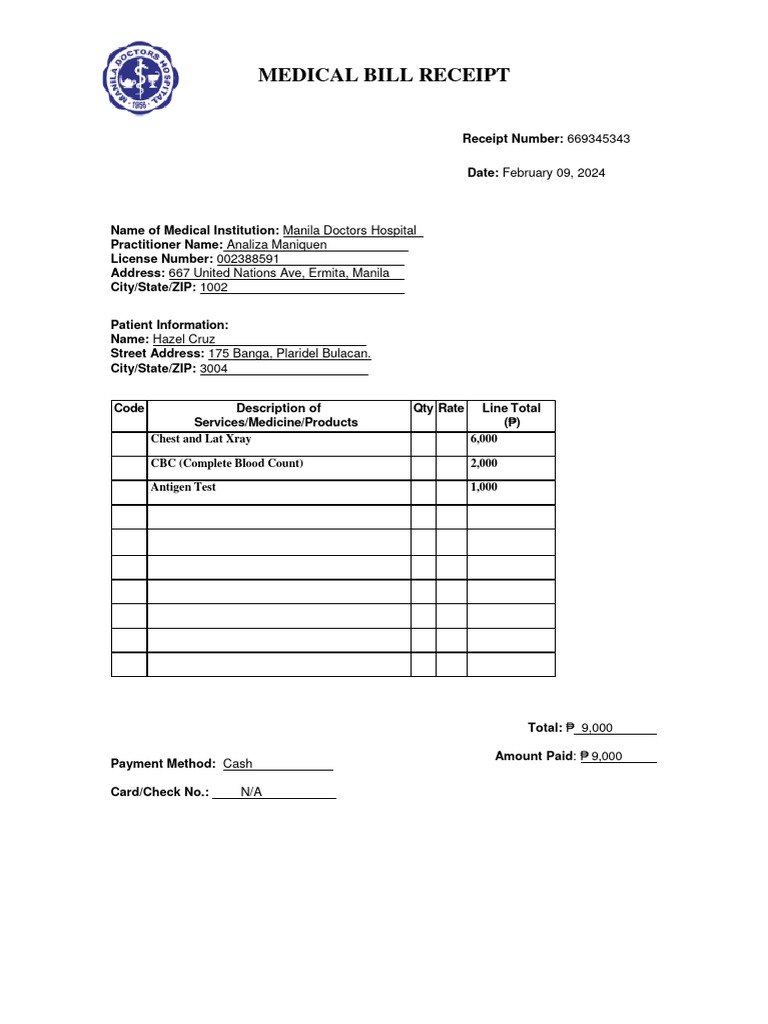 Manila Doctors Hospital Bill Receipt | PDF
