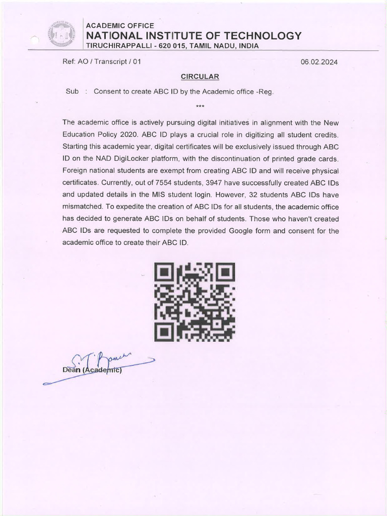 Circular - Consent To Create ABC ID by The Academic Office | PDF