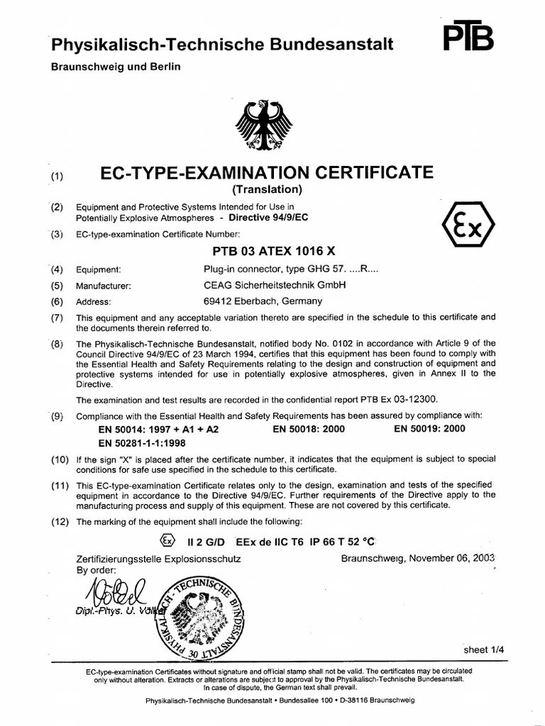 Certificat Atex Ptb03atex1016x | PDF