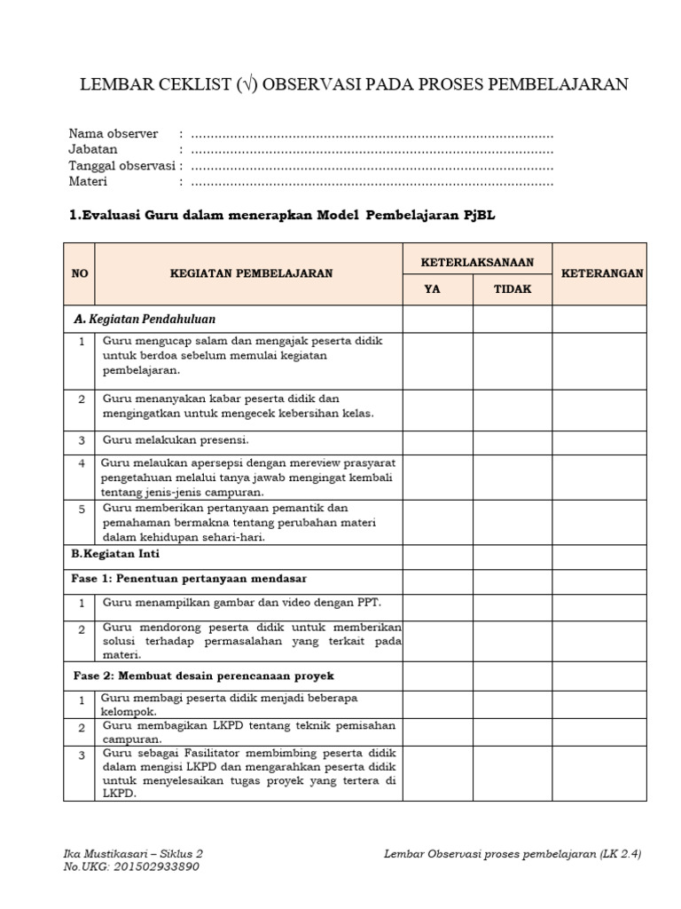 Lembar Observasi Proses Pembelajaran Siklus 2 Ika Mustikasari Pdf