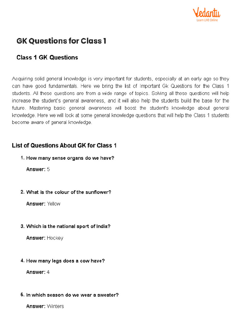GK Questions For Class 1 | PDF