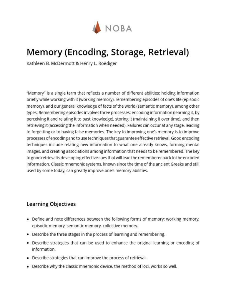 Memory Encoding Storage Retrieval | PDF | Recall (Memory) | Memory