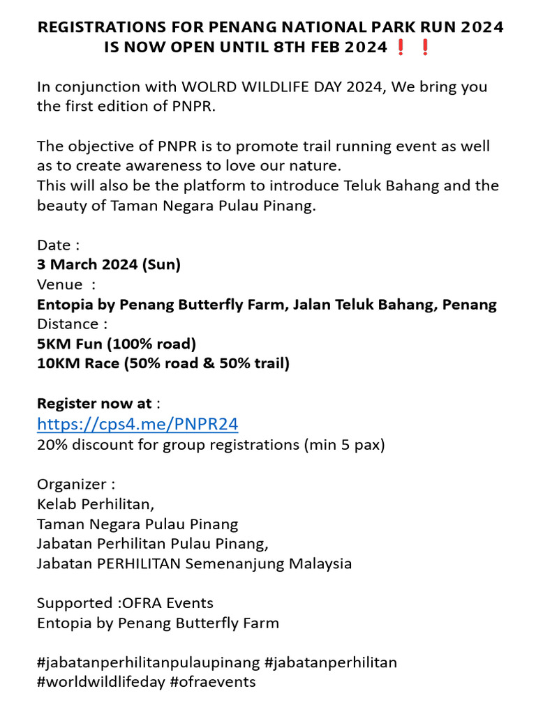 Penang National Park Run 2024 Registration | PDF