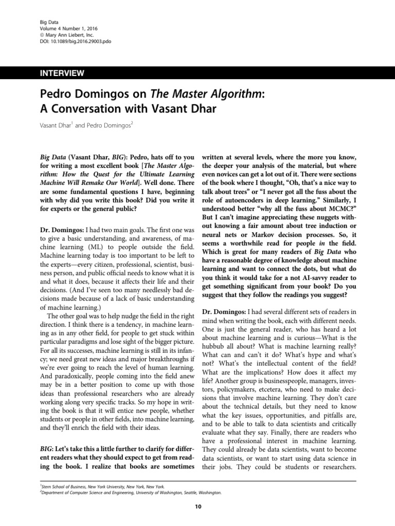Pedro Domingos On The Master Algorithm: A Conversation With Vasant Dhar | PDF | Artificial ...