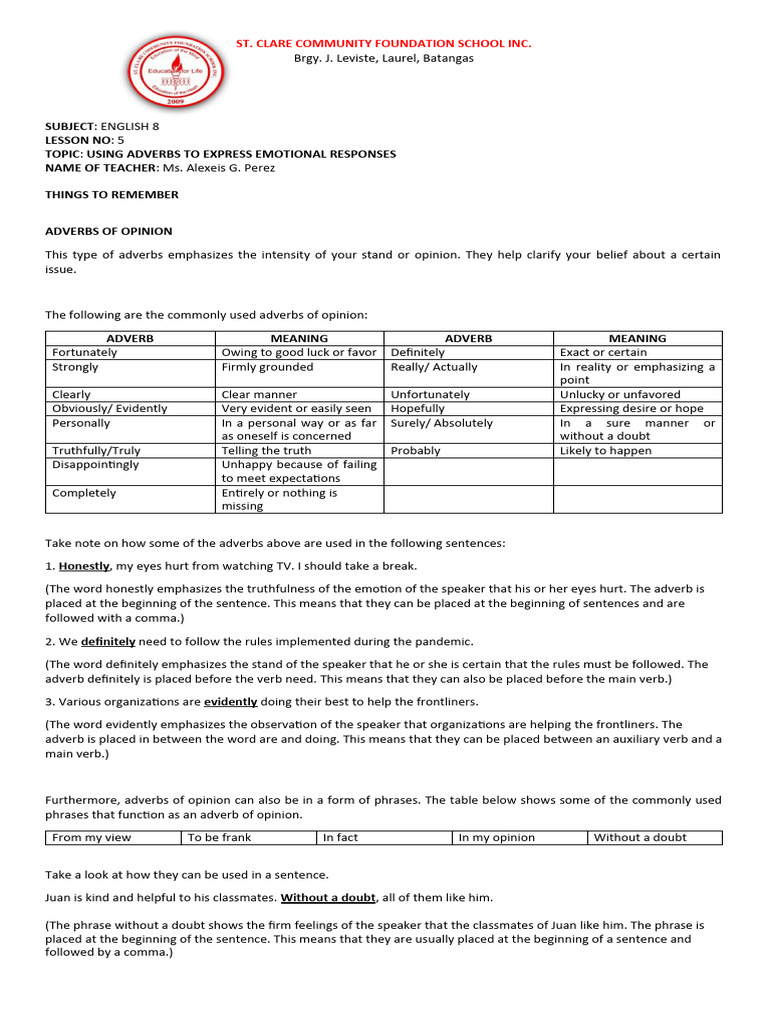 Instructional Module in English 8 Lesson 5 | PDF | Verb | Adverb