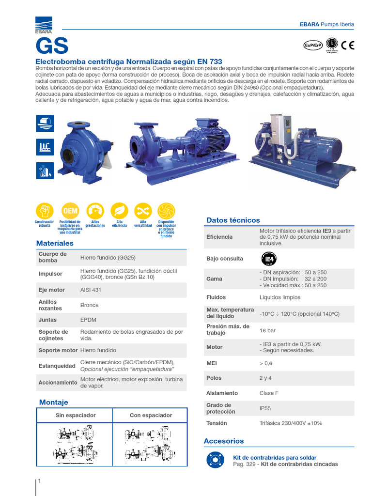 Electrobomba Centrífuga Normalizada Según EN 733: EBARA Pumps Iberia | PDF | Rodamiento ...