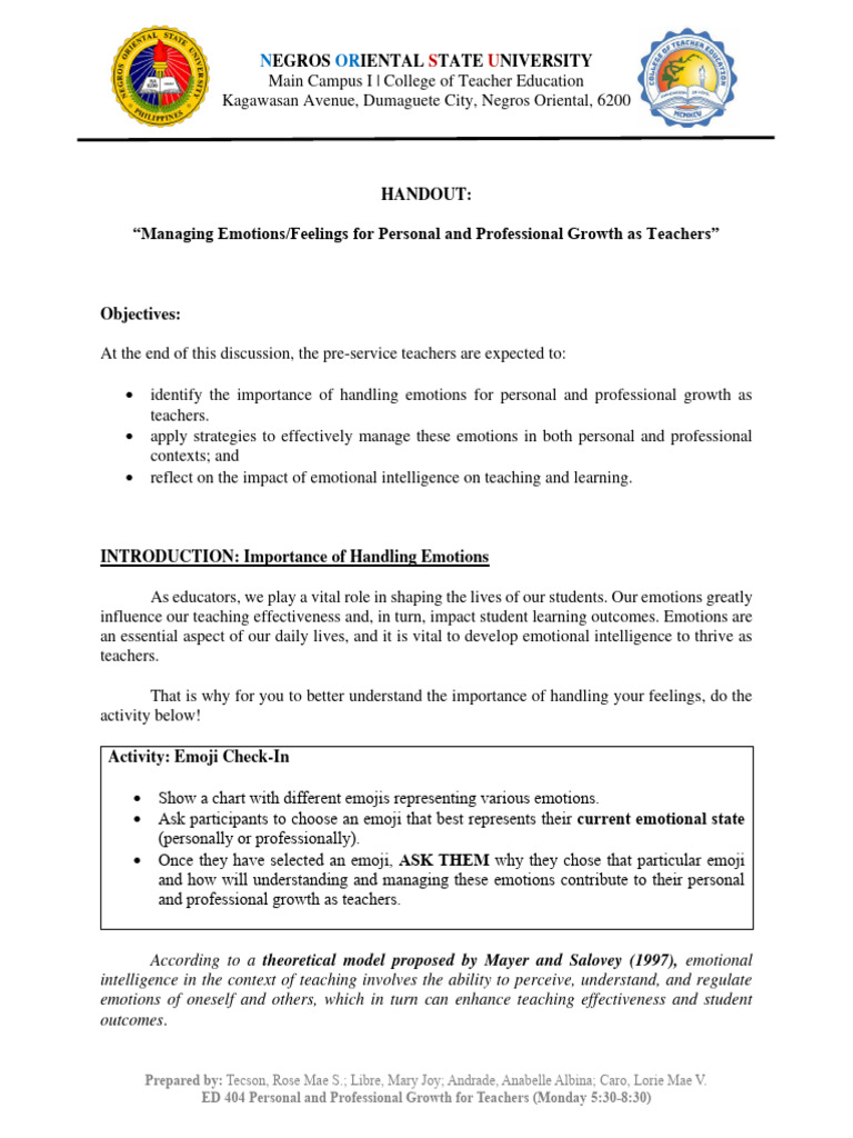Group 4 HANDOUT - Handling Feelings | PDF | Teachers | Emotions