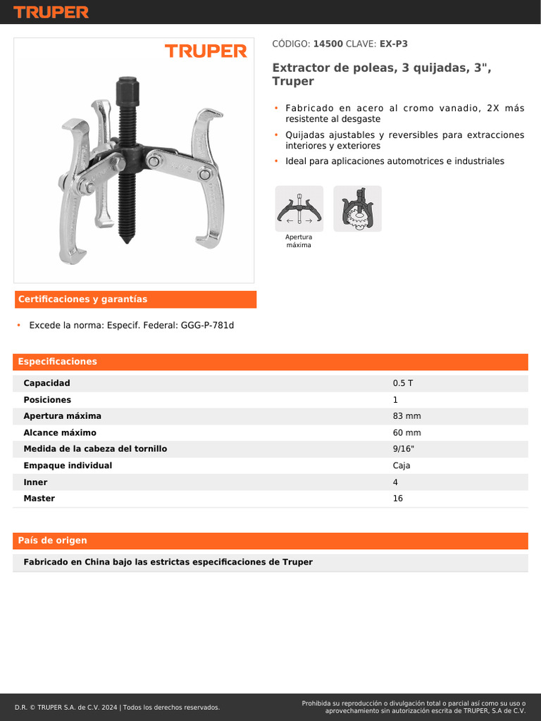 Extractor de Poleas, 3 Quijadas, 3", Truper: CÓDIGO: 14500 CLAVE: EX-P3 | PDF | Rieles