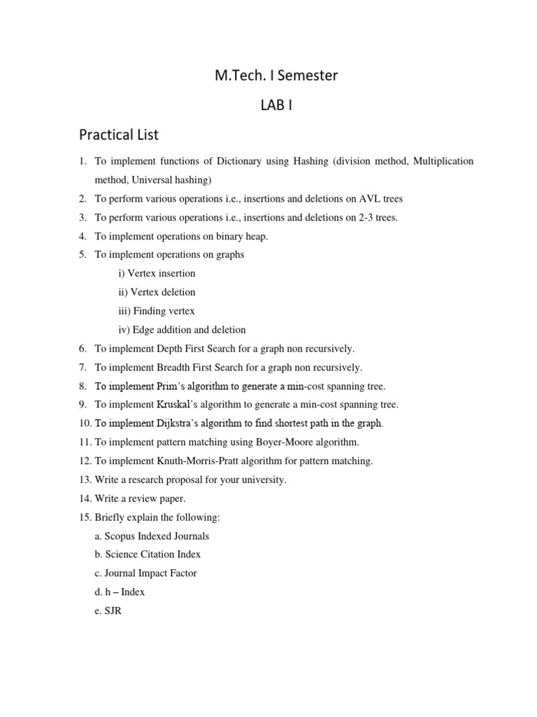 Mtech 1 Sem Lab Practical List | PDF | Combinatorics | Computing Mtech 1 Sem Lab Practical List | PDF | Combinatorics | Computing