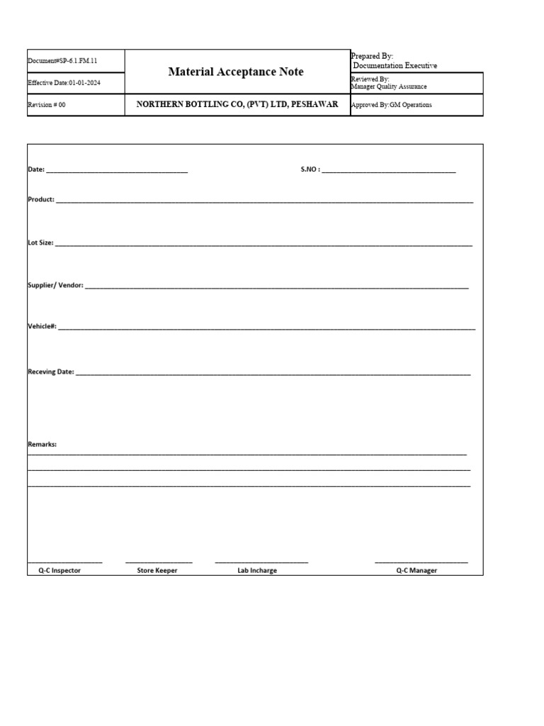 Material Acceptance Note | PDF
