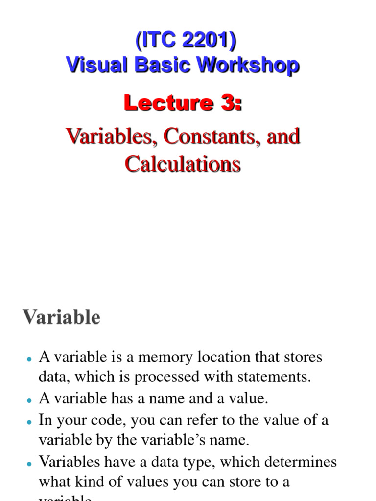 Virtual Basic Lecture 3 | PDF | Variable (Computer Science) | Data Type Virtual Basic Lecture 3 | PDF | Variable (Computer Science) | Data Type