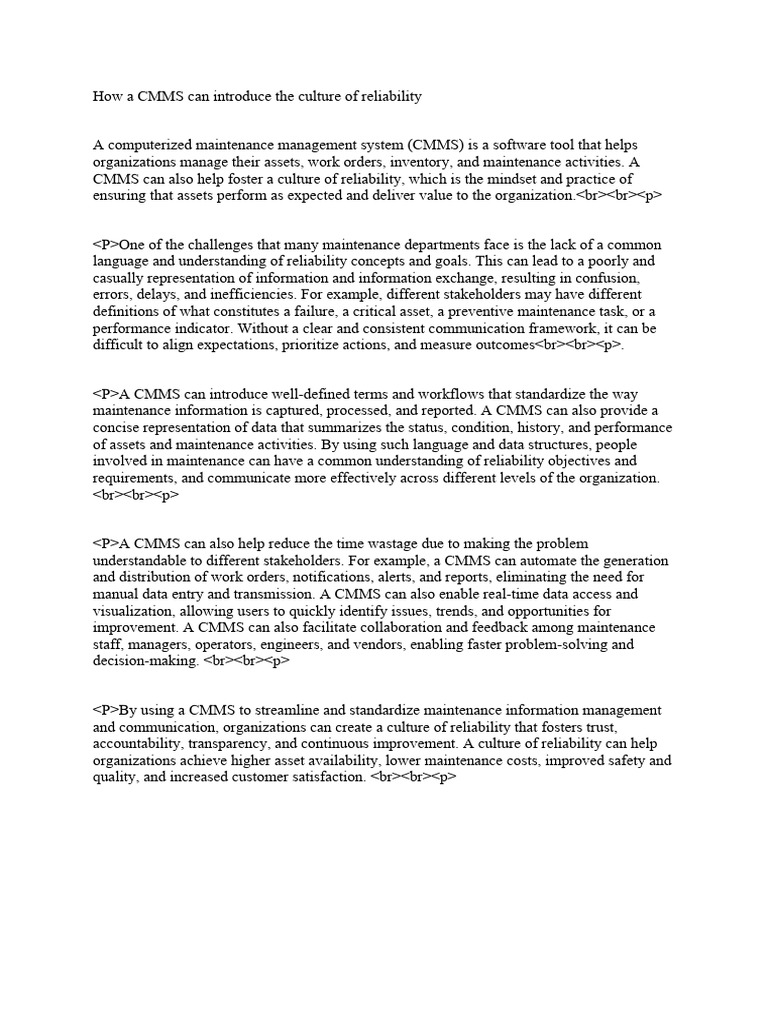 How CMMS Cancultivate The Relaibility Culture | PDF | Reliability Engineering | Information