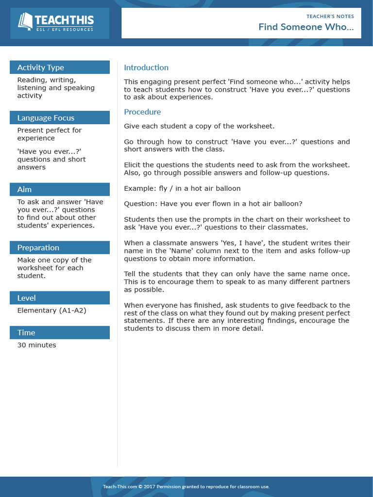 ESL Present Perfect Activity | PDF | English As A Second Or Foreign ...