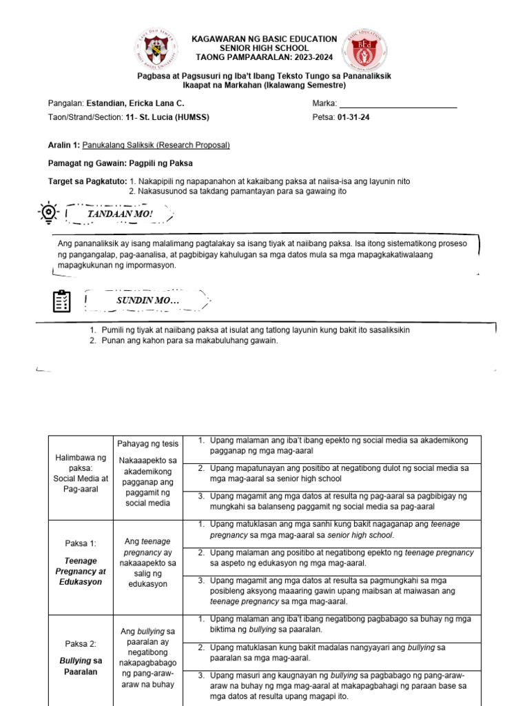 FILBAS 2nd Sem 4th Q LAS 1 Pagpili NG Paksa | PDF