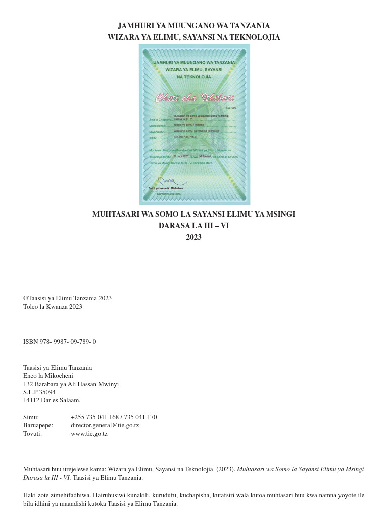 Muhtasari Wa Somo La Sayansi Shule Ya Msingi Darasa La III - VI - 123947 | PDF