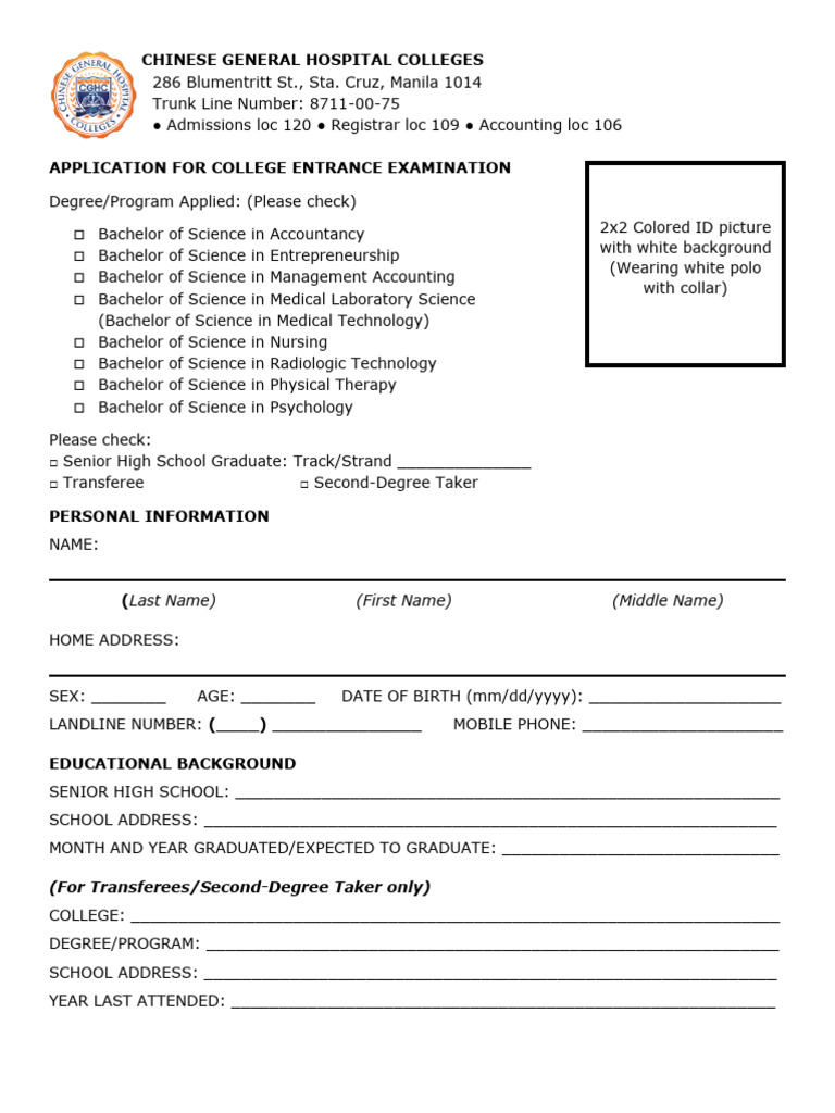 College Application Form For Entrance Exam | PDF | Information