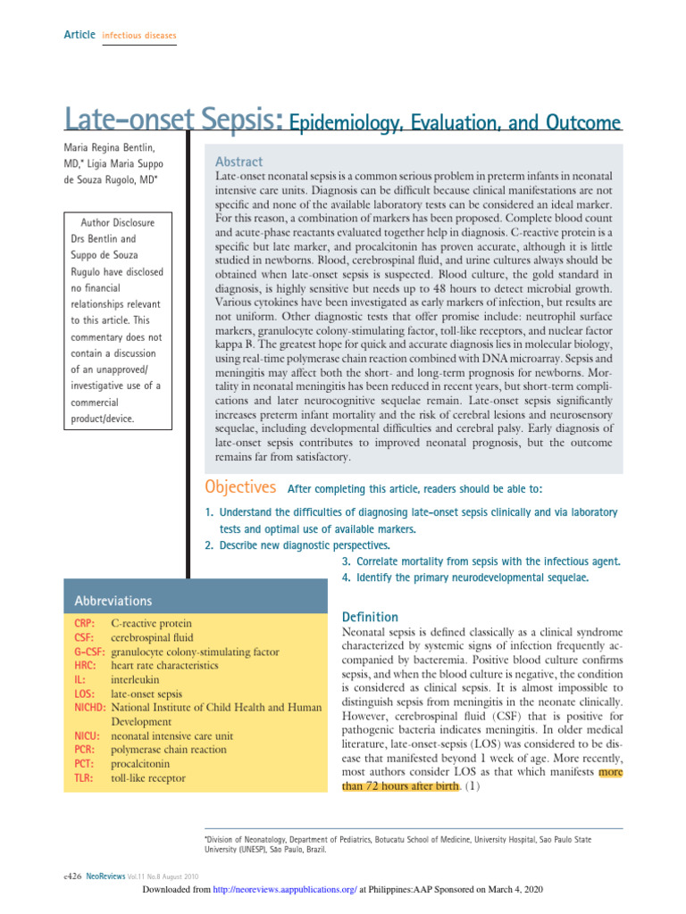 Neonatal Late-Onset Sepsis - Epidemiology, Evaluation, and Outcome ...
