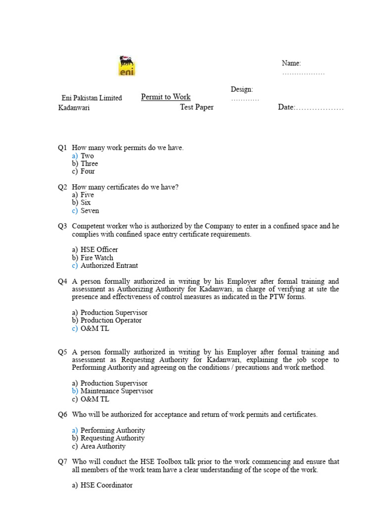 PTW Questions-2020 (1st) | PDF | Labor Relations | Safety