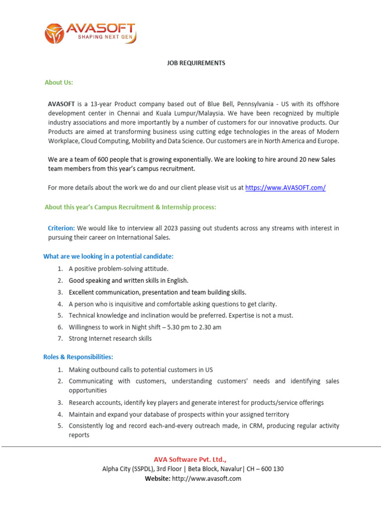 Avasoft Bde - Job Requirements 2023 | PDF | Recruitment | Internship