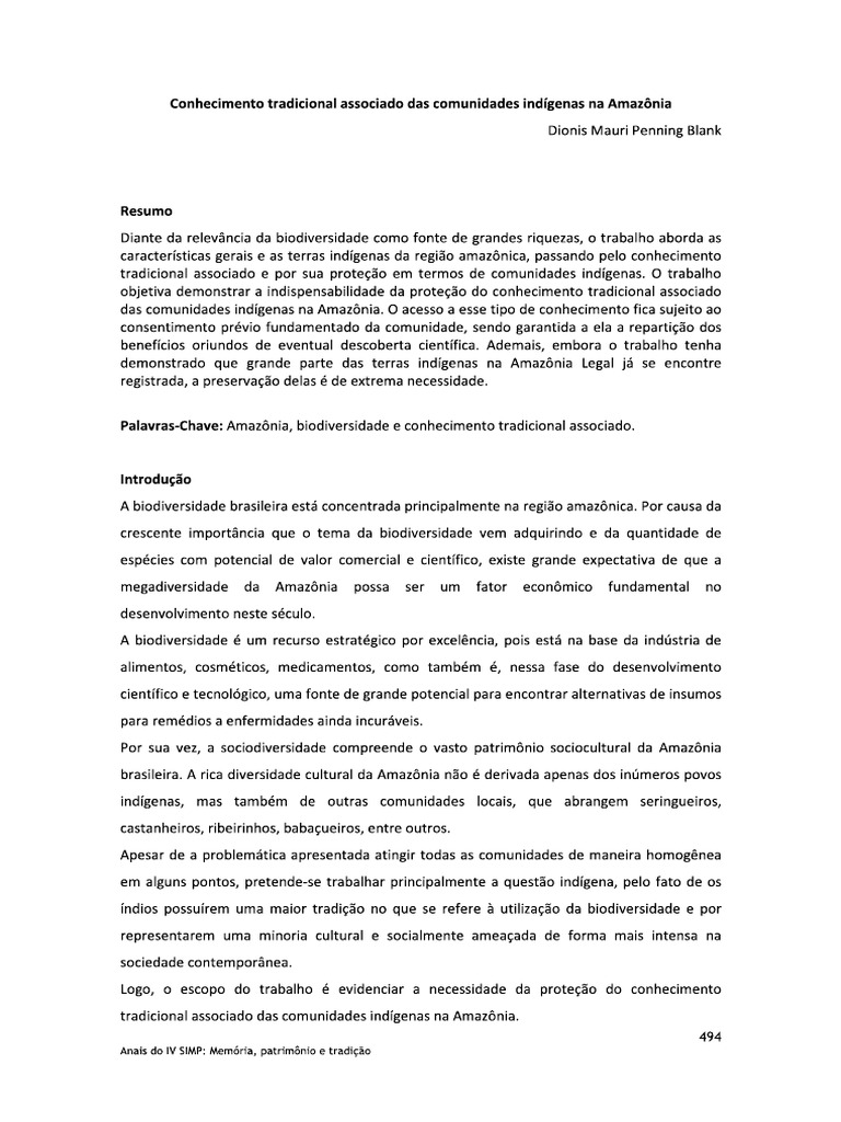 Conhecimento Tradicional Associado Das Comunidades Indigenas Na Amazonia | PDF