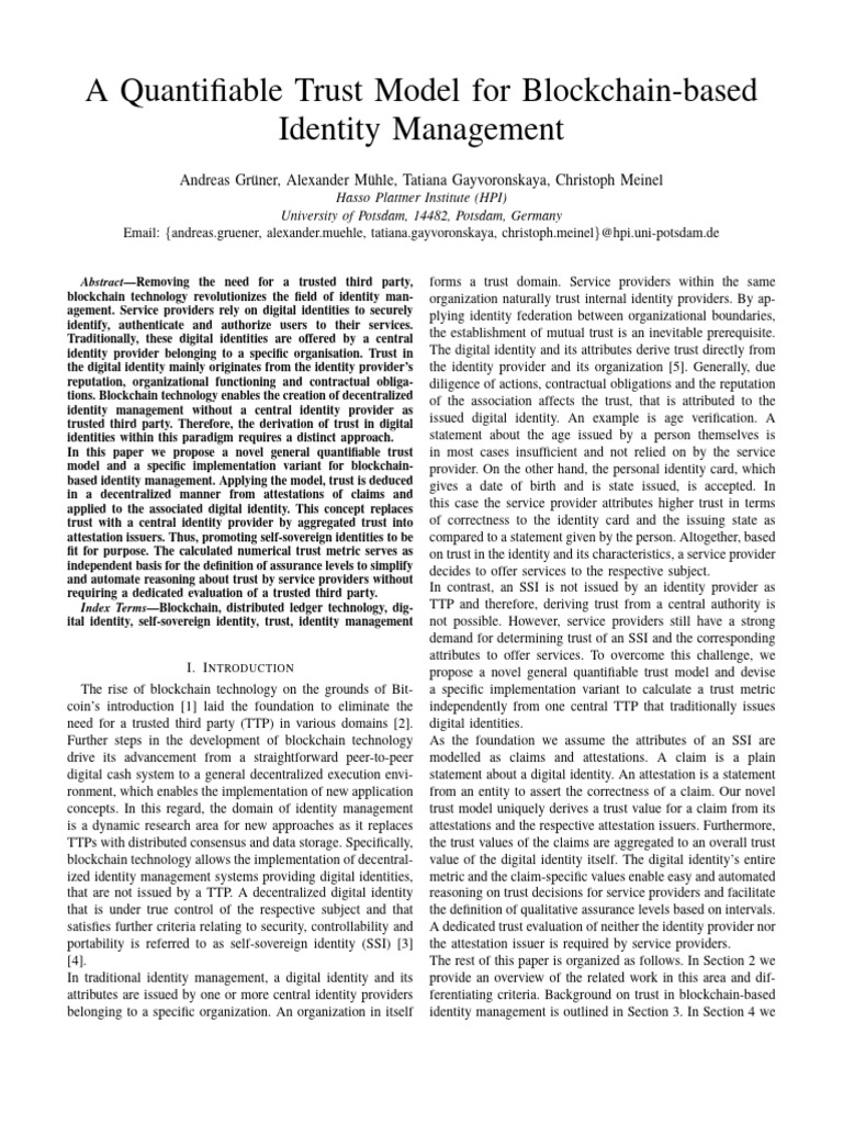 A Quantifiable Trust Model For Blockchain-Based Identity Management | PDF | Peer To Peer ...
