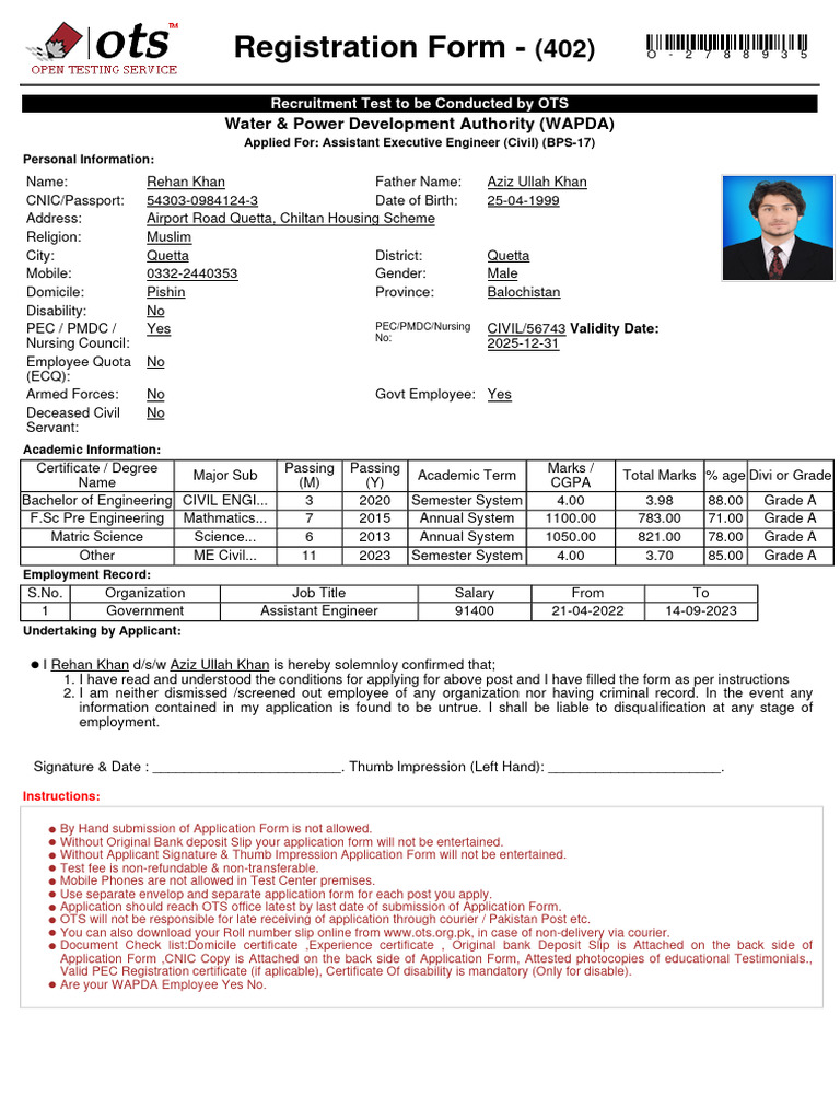 Rehan WAPDA 2023 Form | PDF | Banks | Receipt